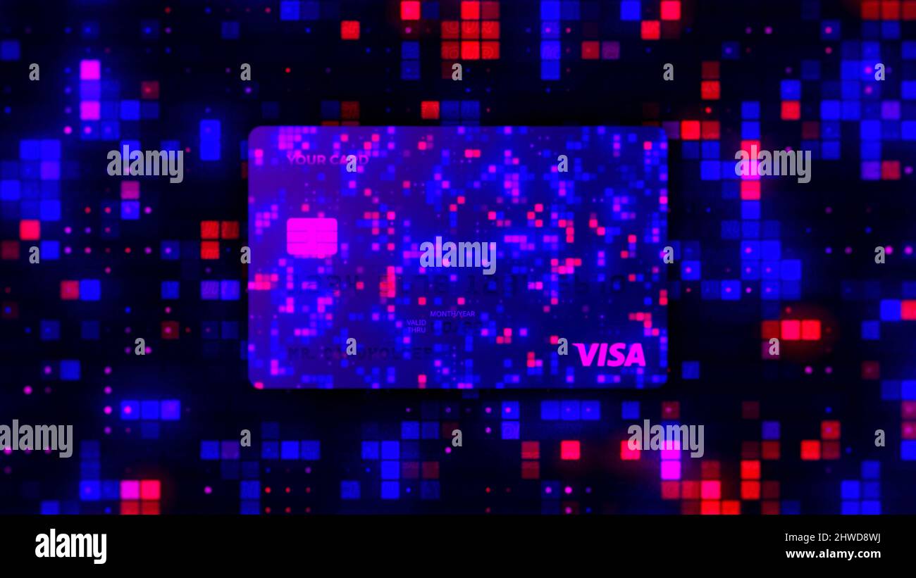 Abstract flying credit cards on the background of flickering small rows ...