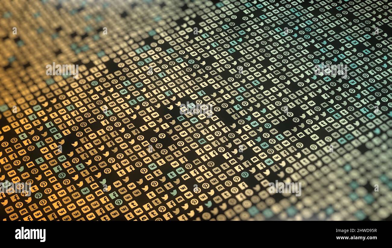 Abstract background with glowing app icons. Animation. Infinite number ...