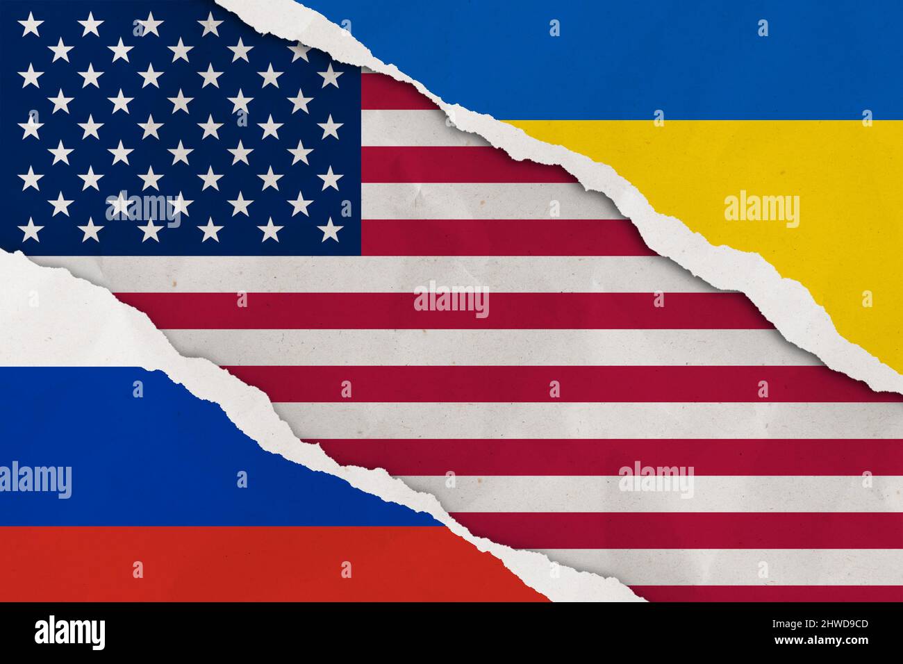 Ukraine, Russia, United States flag ripped paper grunge background ...