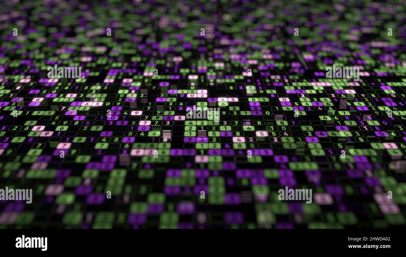 Digital space background with numbers. Animation. Huge variety of different colored cells with ...