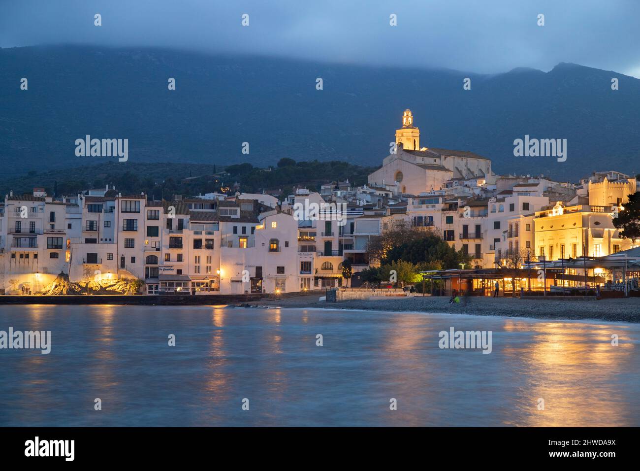 Long exposure picture showing Cadaques town at night in Costa Brava in ...