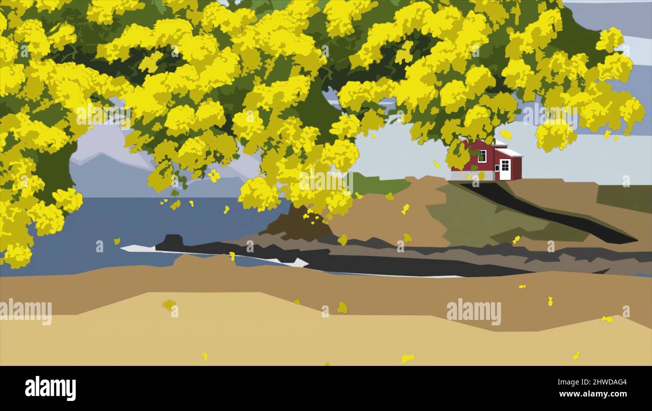 Abstract animation of landscape with yellow tree. Cartoon animation of ...