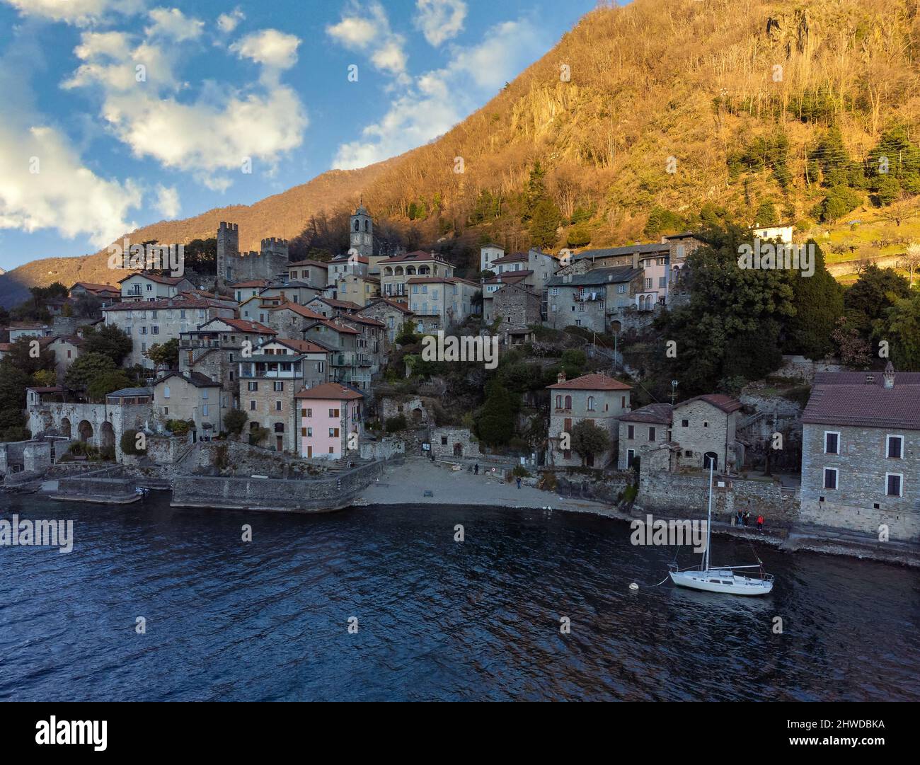 AERIAL VIEW. Scenic picture, postcard view from the lake of a little ...