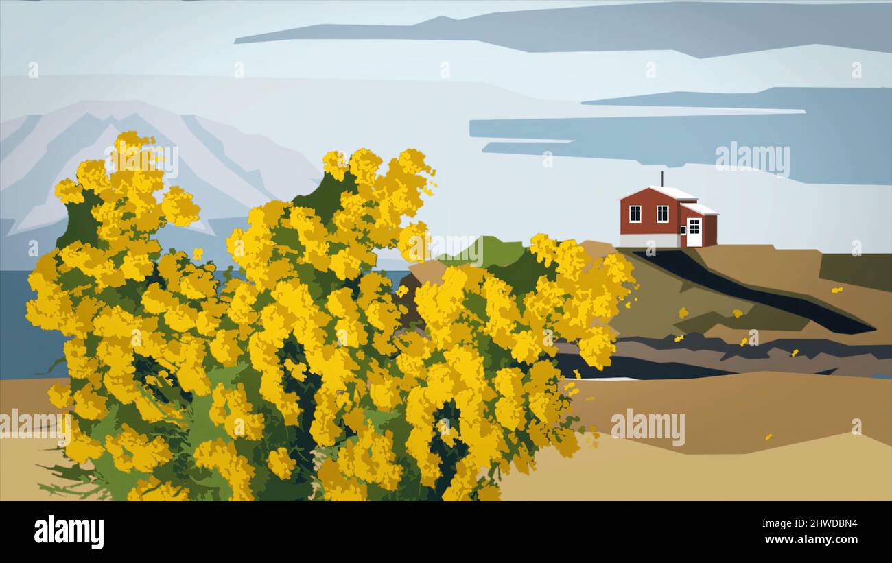 Abstract animation of landscape with yellow tree. Cartoon animation of blooming yellow flowers ...