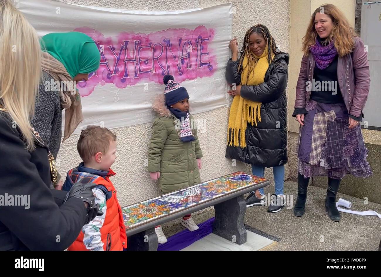 A grab from PA Video of a bench unveiled for the anniversary of Sarah ...