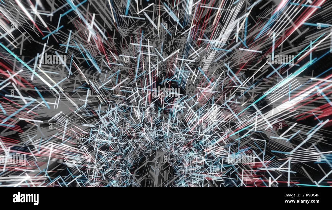 Moving forward inside fluorescent ultraviolet glowing light lines ...