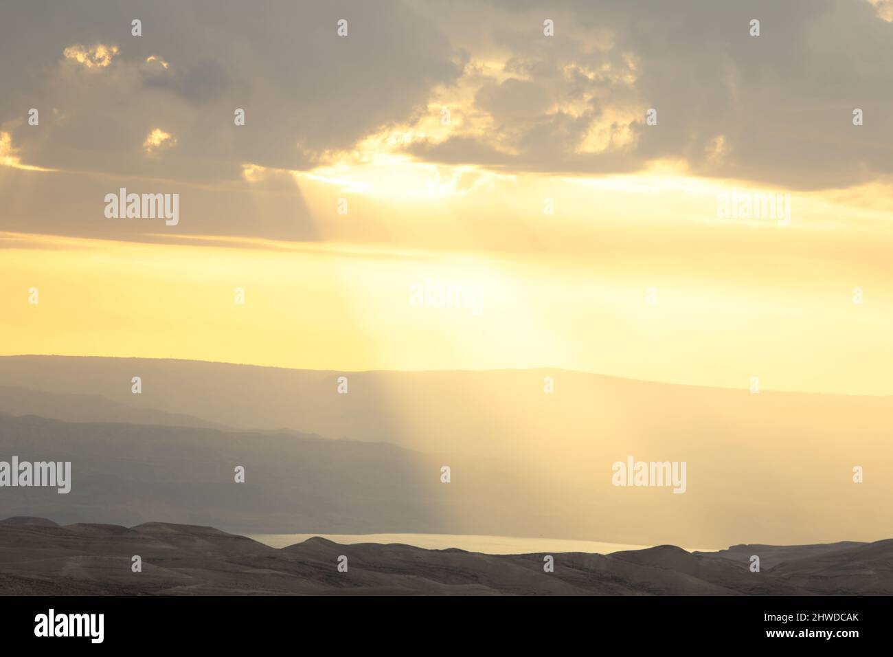 Desert at sunrise sunset hour with dune buggy tires tracks in the sand ...