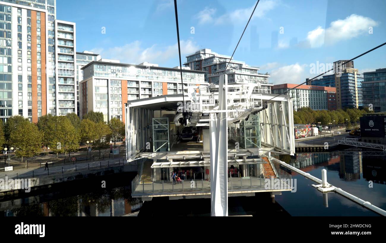 Modern cable car with cabins in city. Action. Cable car with beautiful ...