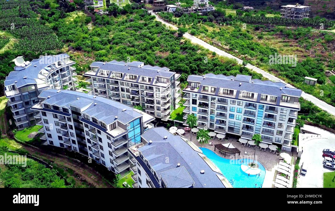 Top view of resorts with hotels and swimming pools. Clip. Beautiful ...