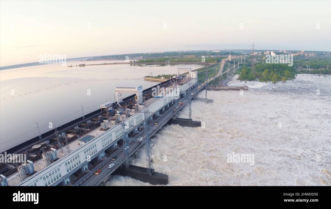 Hydroelectric power station by top view of ridge's dam. Clip. Top view ...