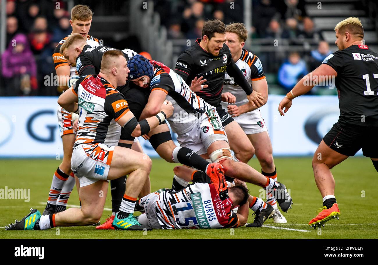 London, UK. 05th Mar, 2022. Joe Heyes of Leicester Tigers stands firm ...