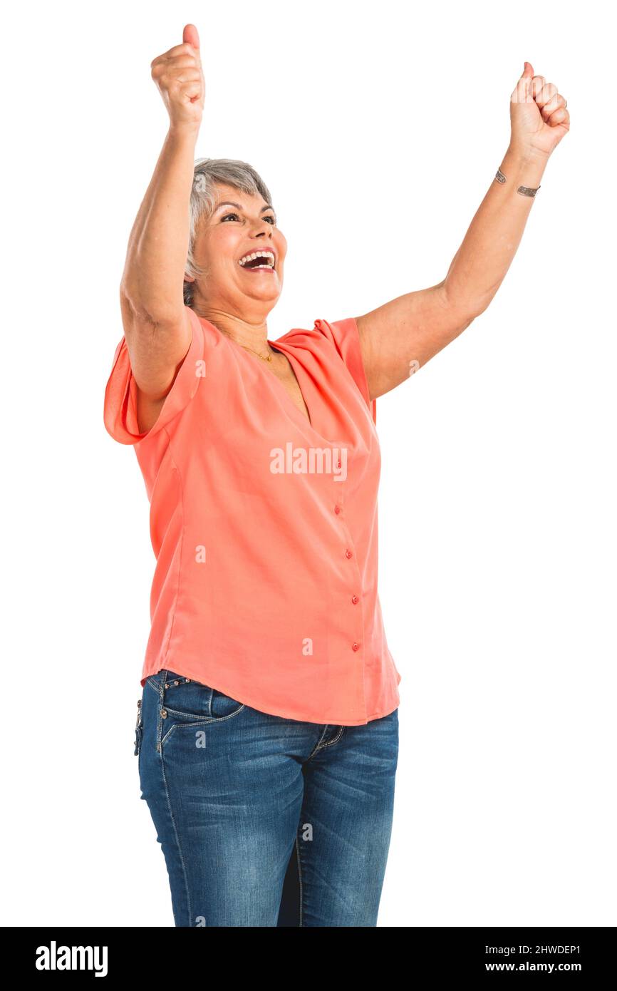 Happy old woman with both arms on the air, isolated on a white ...