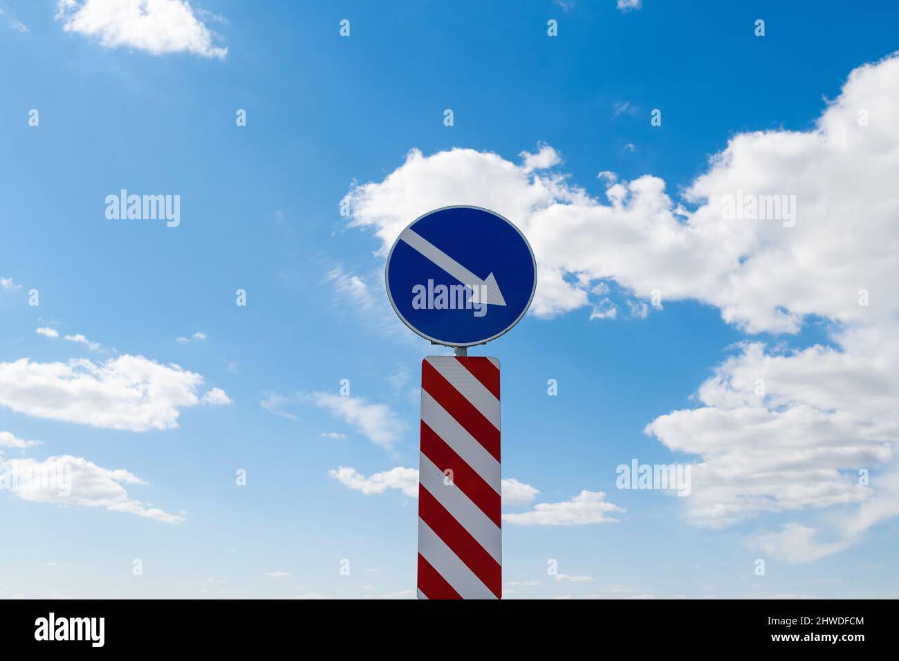 Direction sign detour on the right. Warning traffic sign Stock Photo ...