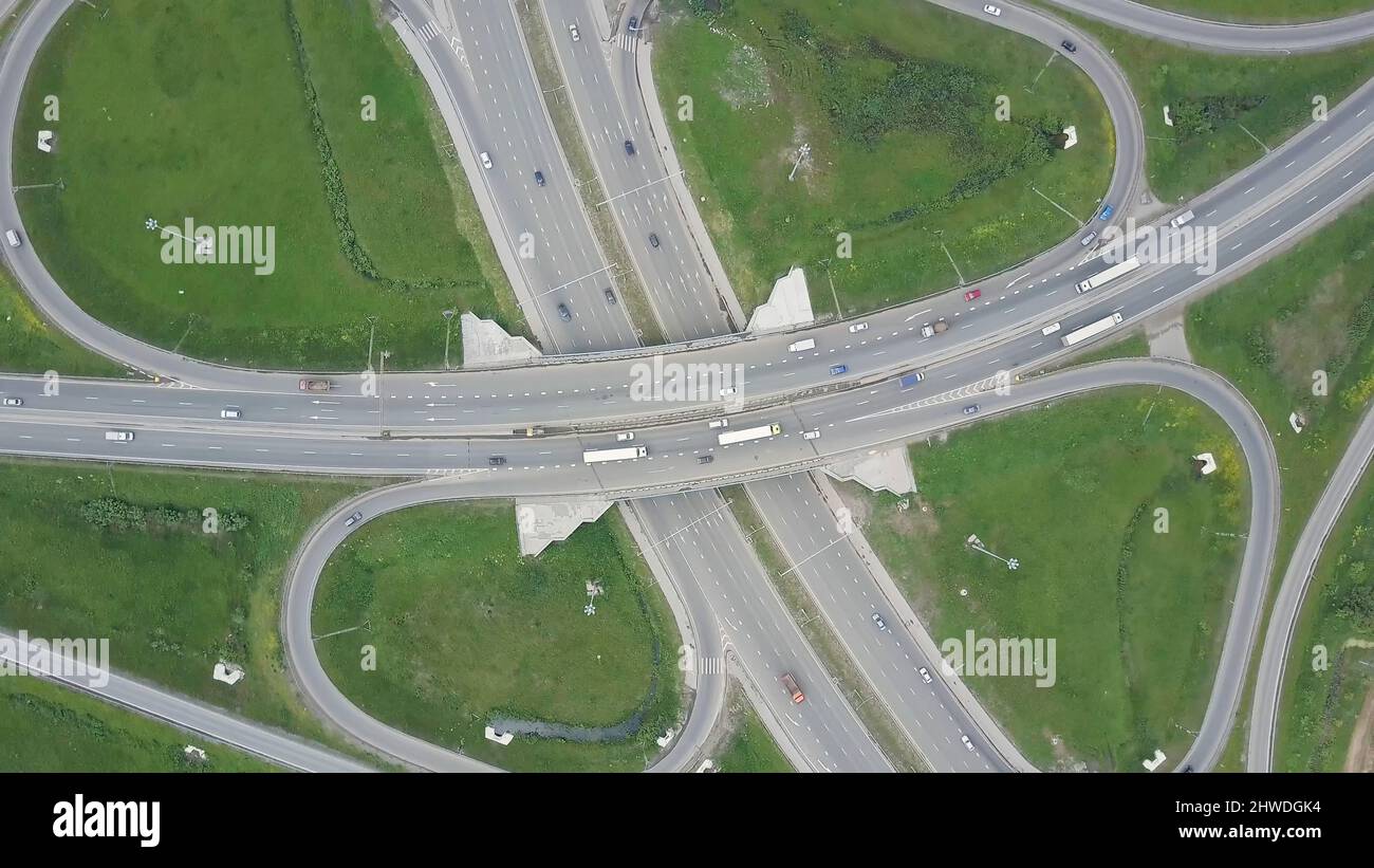 Elevated expressway. Clip. The curve of suspension bridge. Aerial view ...