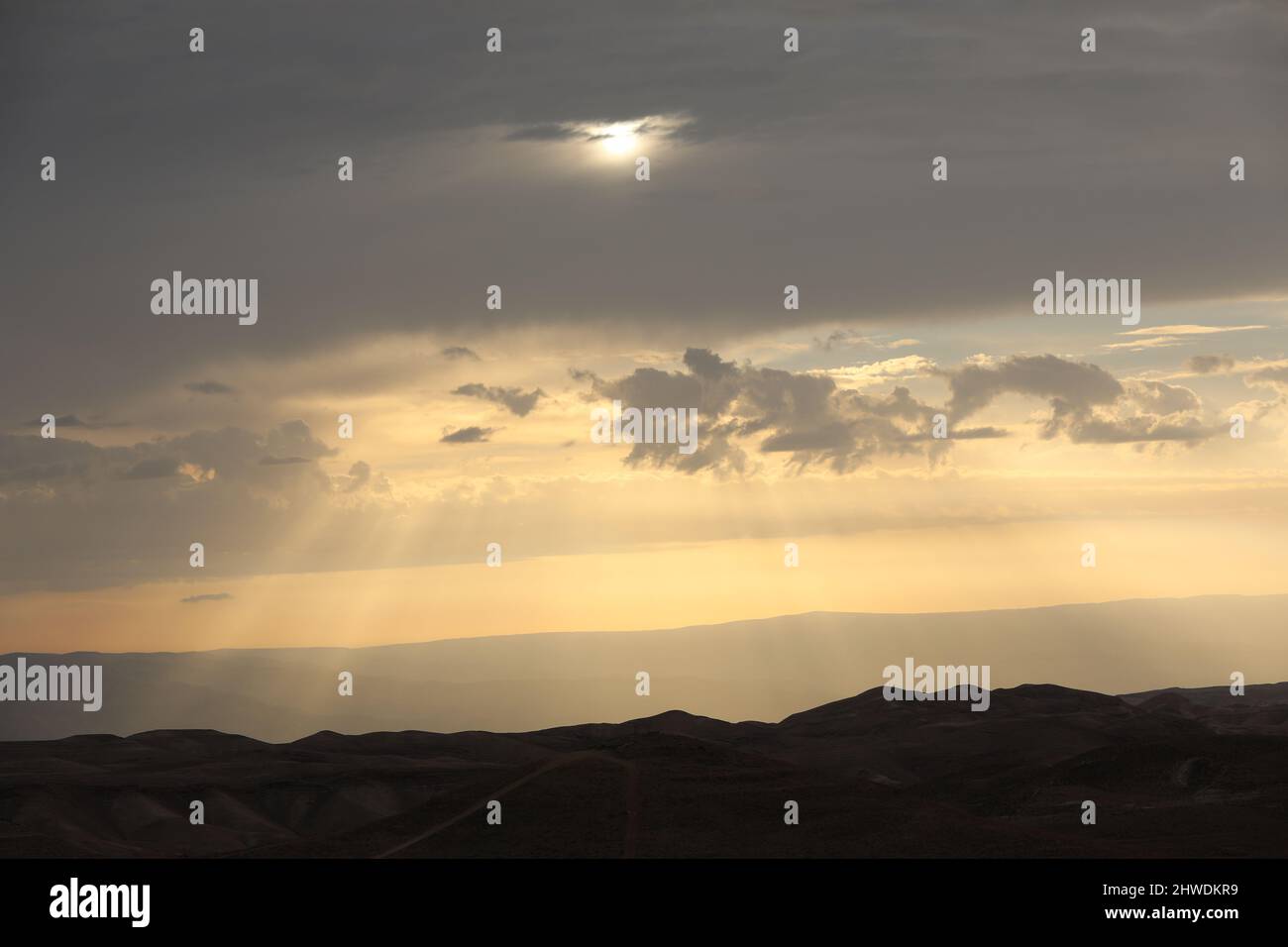 Desert at sunrise sunset hour with dune buggy tires tracks in the sand ...