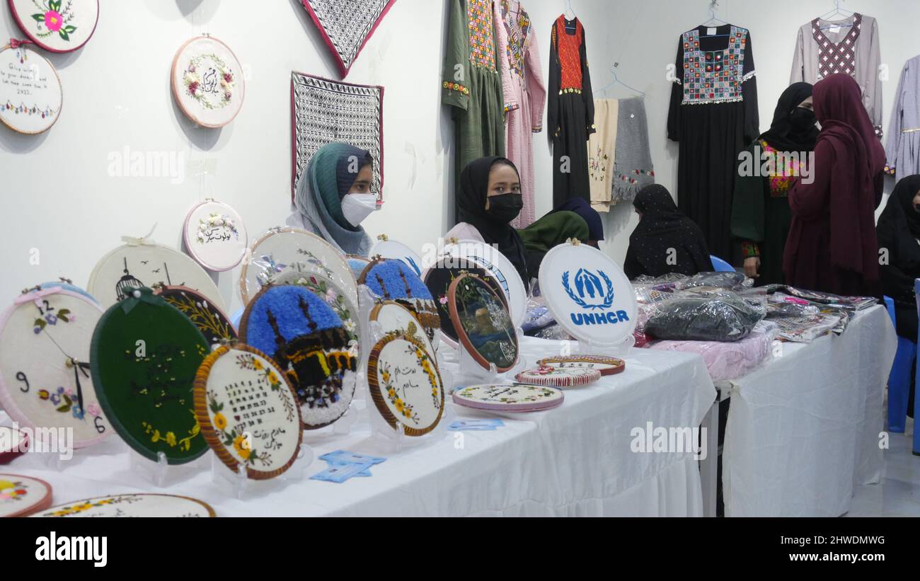 Herat, Afghanistan. 5th Mar, 2022. Afghan women display their products ...