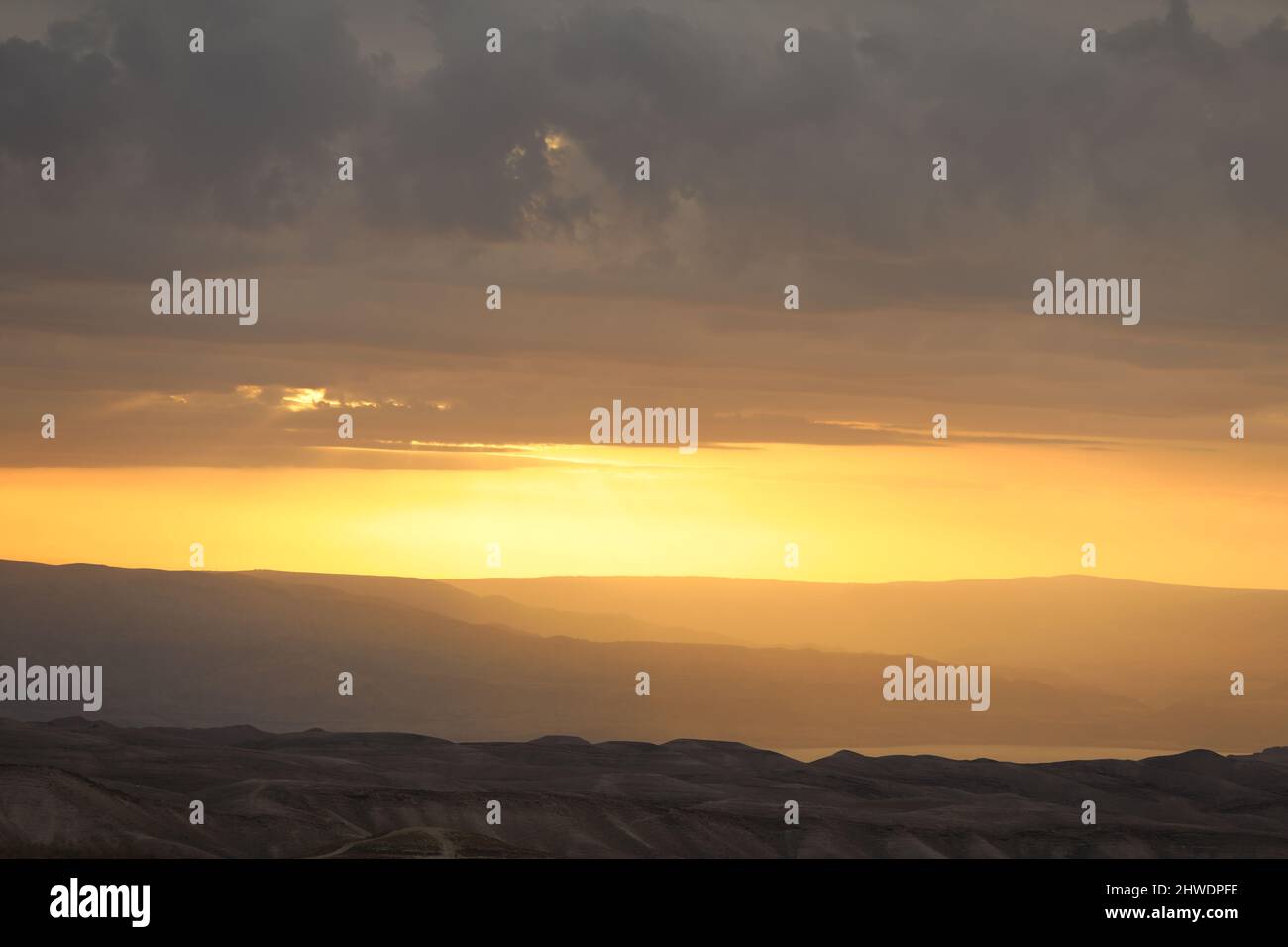 Desert at sunrise sunset hour with dune buggy tires tracks in the sand ...