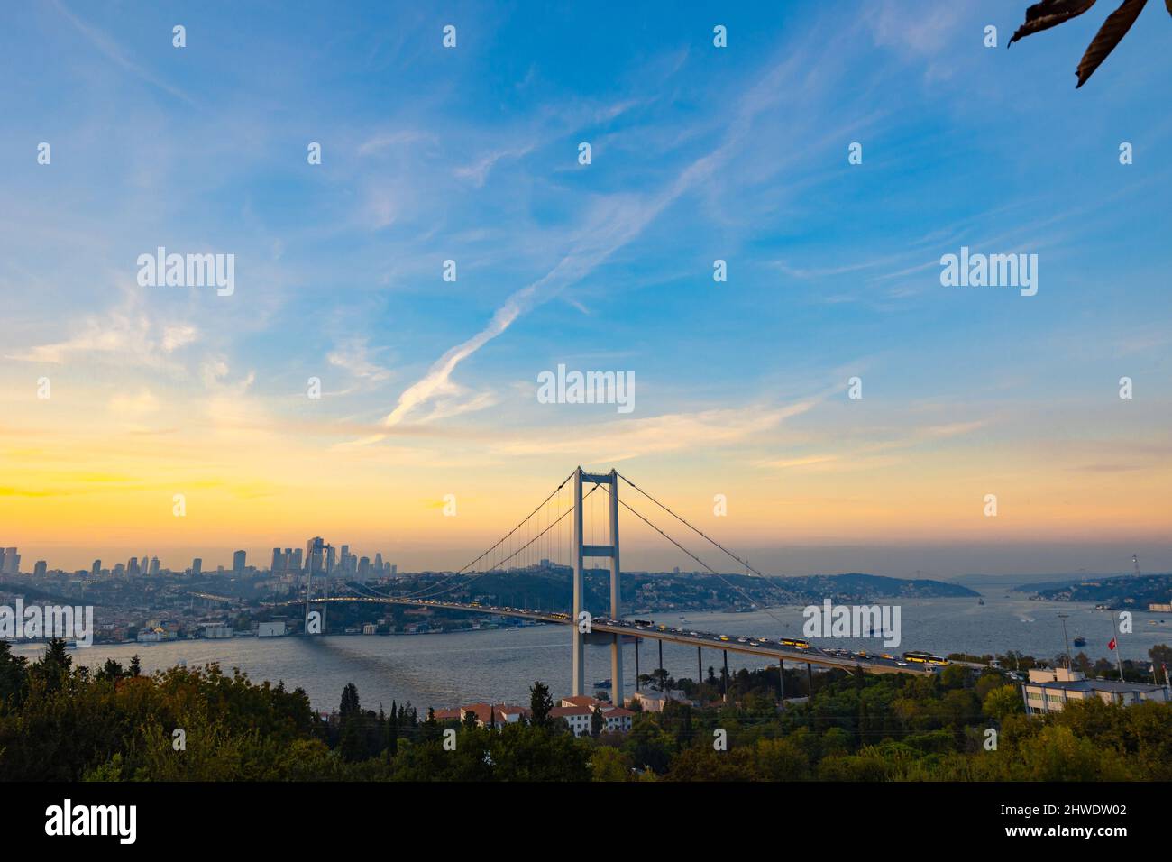 Istanbul background. Cityscape of Istanbul at sunset with Bosphorus ...