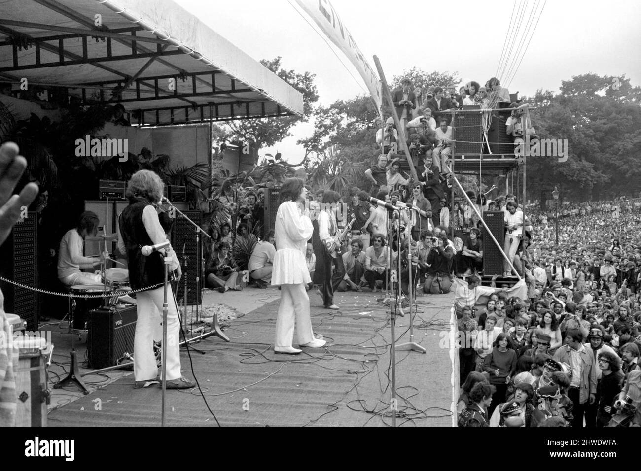 The Rolling Stones on stage at their free concert in London's Hyde Park ...