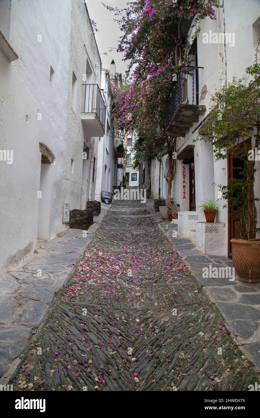 Cadaques beautiful town street in the background in Costa Brava ...