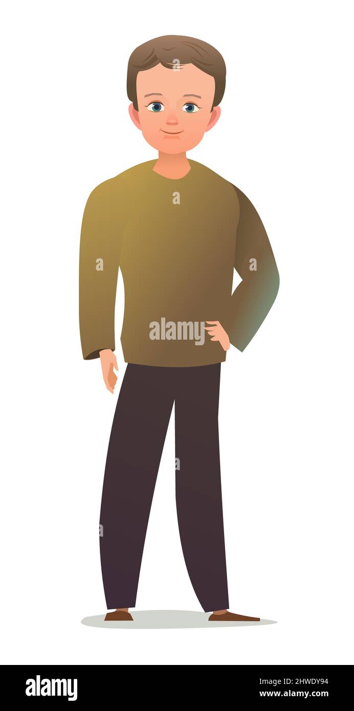 Handsome little boy in pants and sweater. Cheerful middle aged teen ...