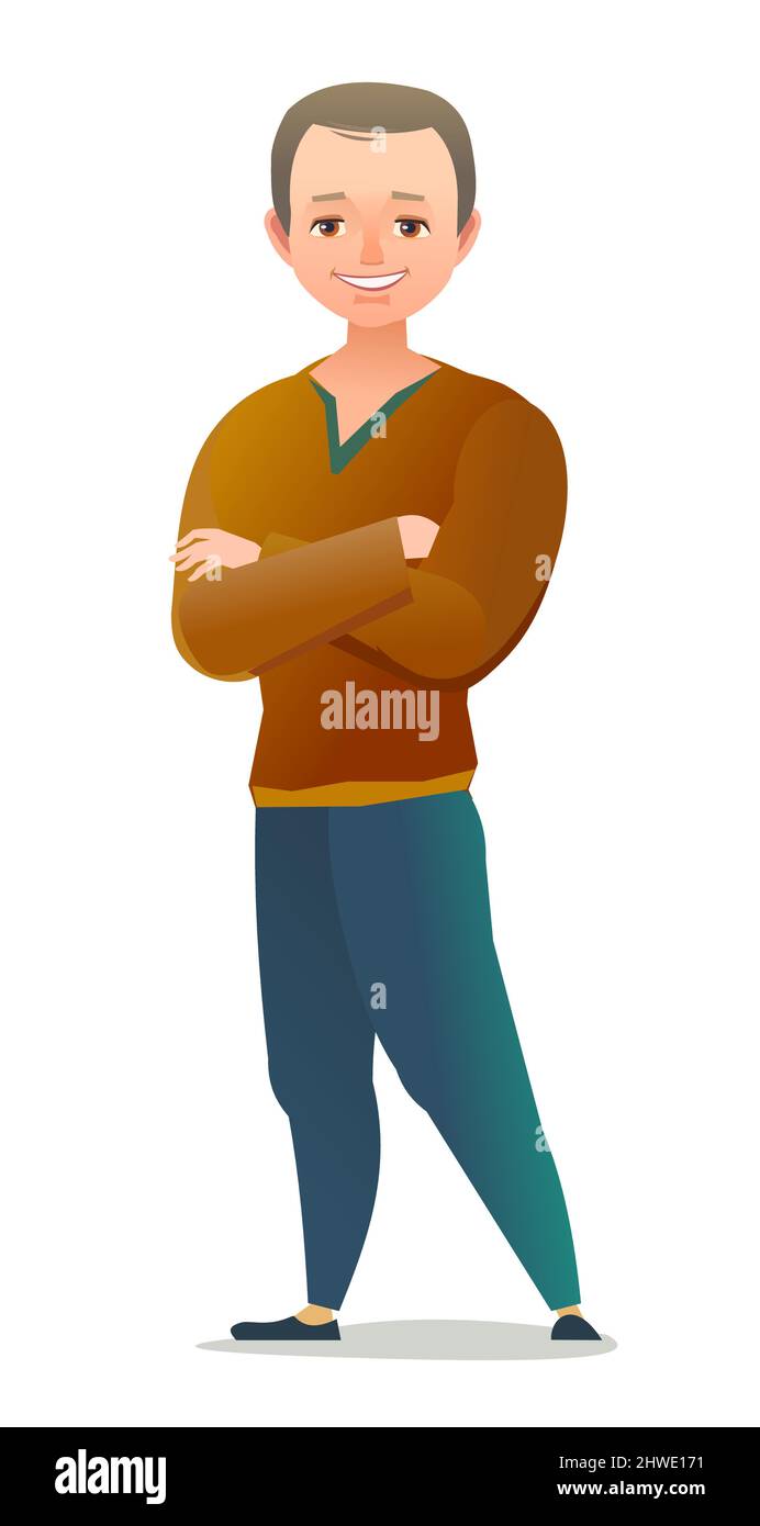 Handsome little boy in pants and sweater. Cheerful middle aged teen ...