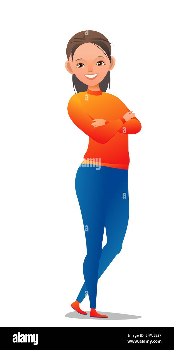 Handsome little girl in pants and sweater. Cheerful middle aged teen ...