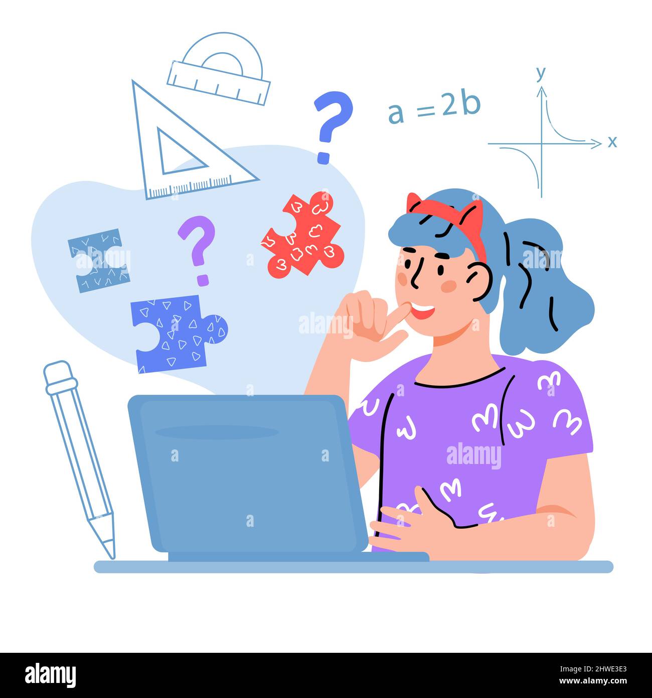 Little girl studying online with computer at home. Distance learning ...