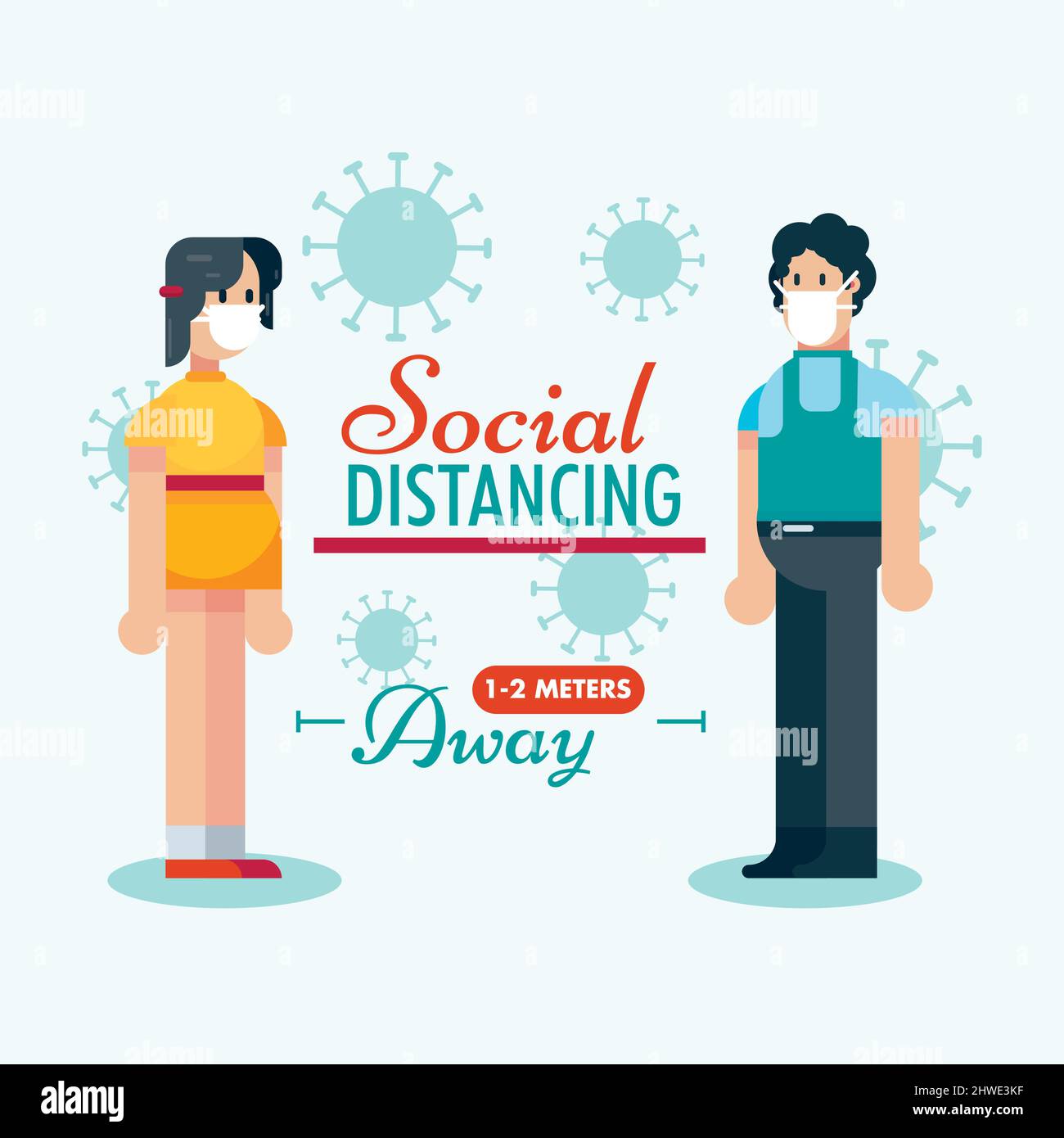 Social Distancing 2 meter cartoon people in Covid 19 virus pandemic ...