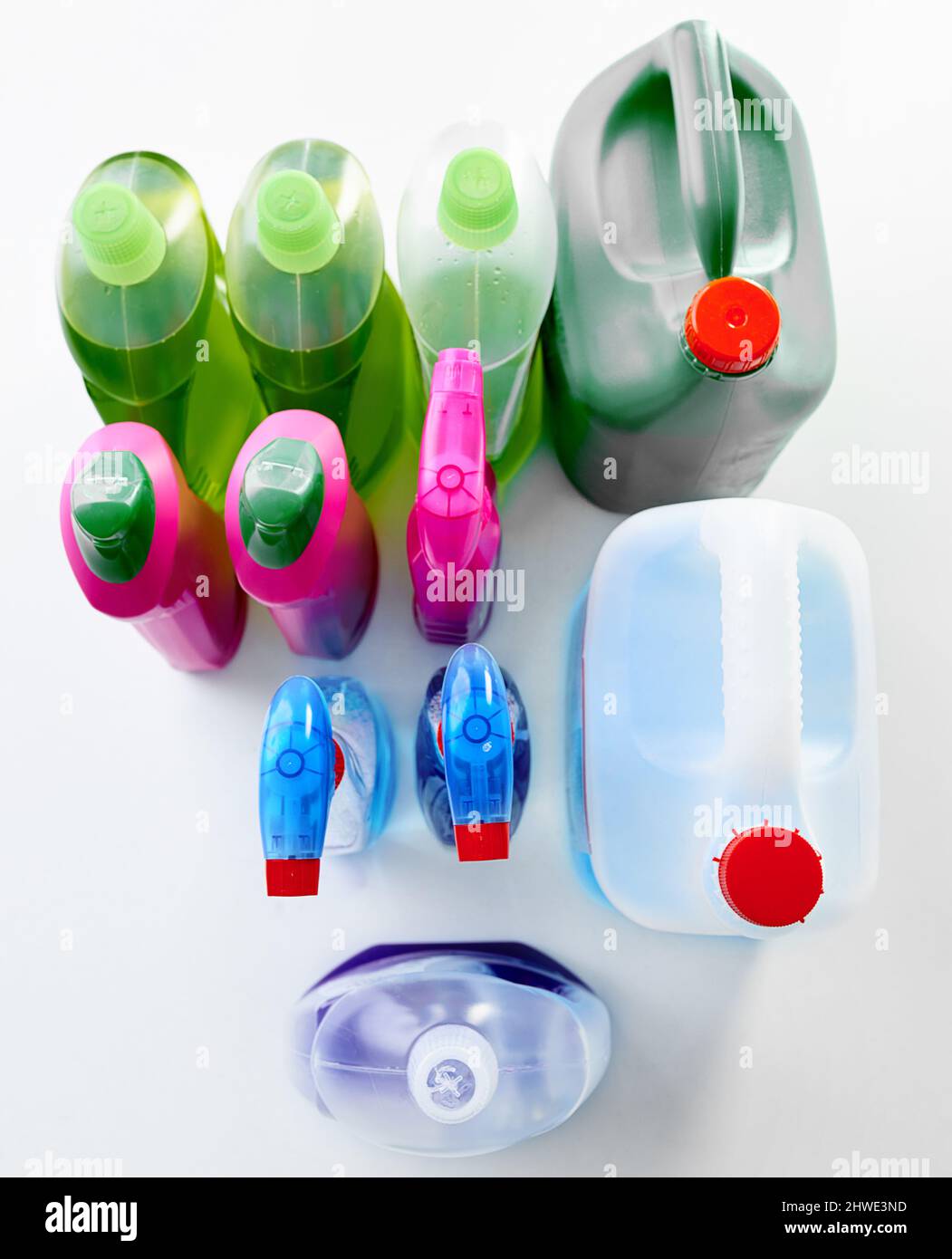 Spring-cleaning essentials. Studio shot of various bottles of ...