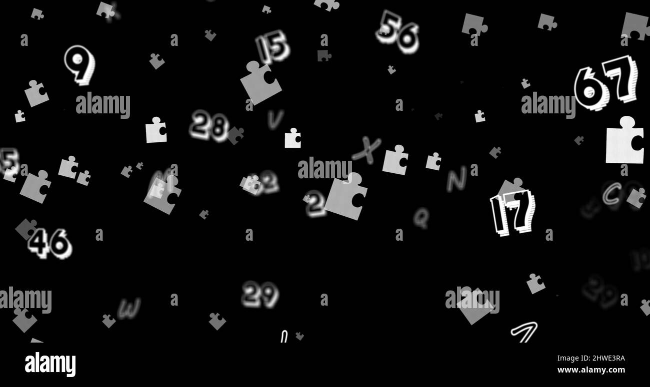 Image of puzzles and numbers floating over black background Stock Photo ...