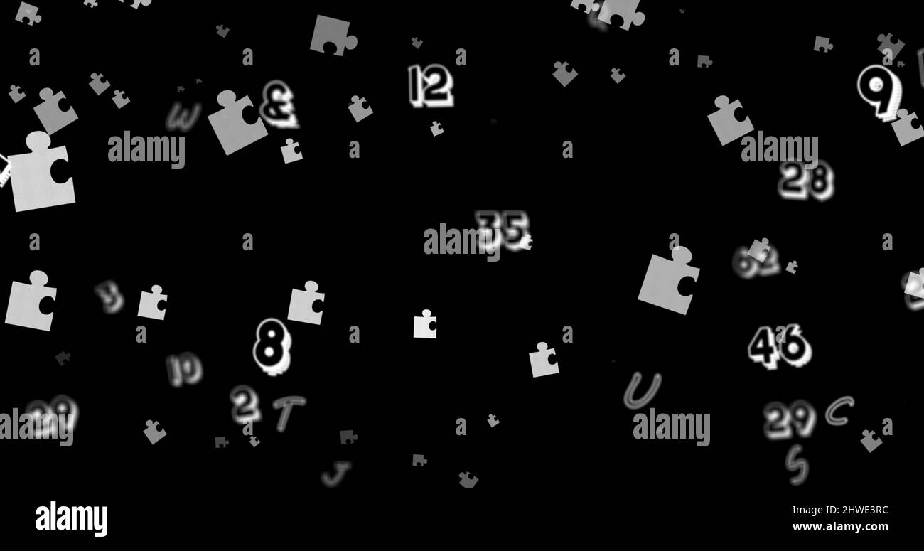 Image of puzzles and numbers floating over black background Stock Photo ...