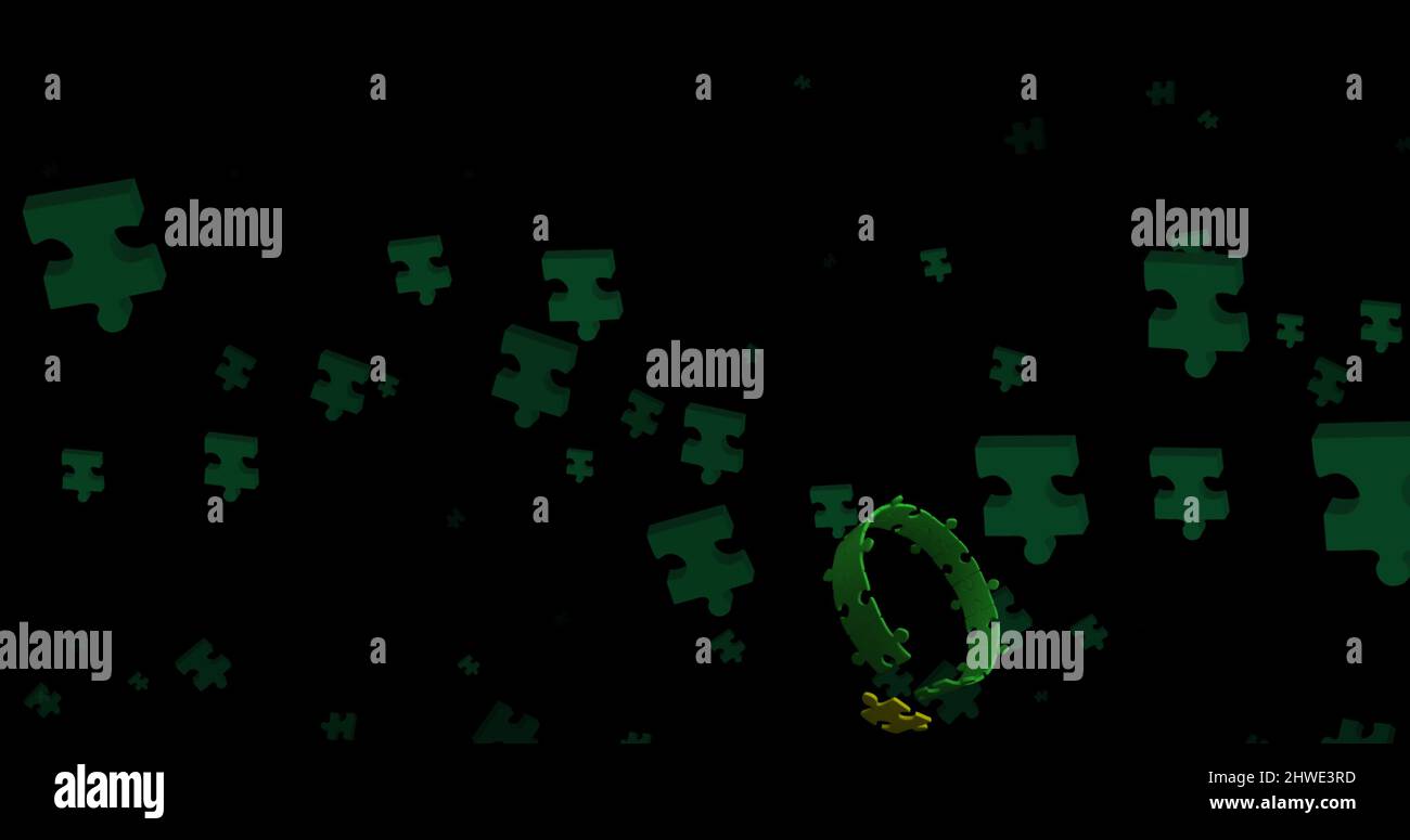 Image of puzzle over black background with floating green puzzles Stock ...
