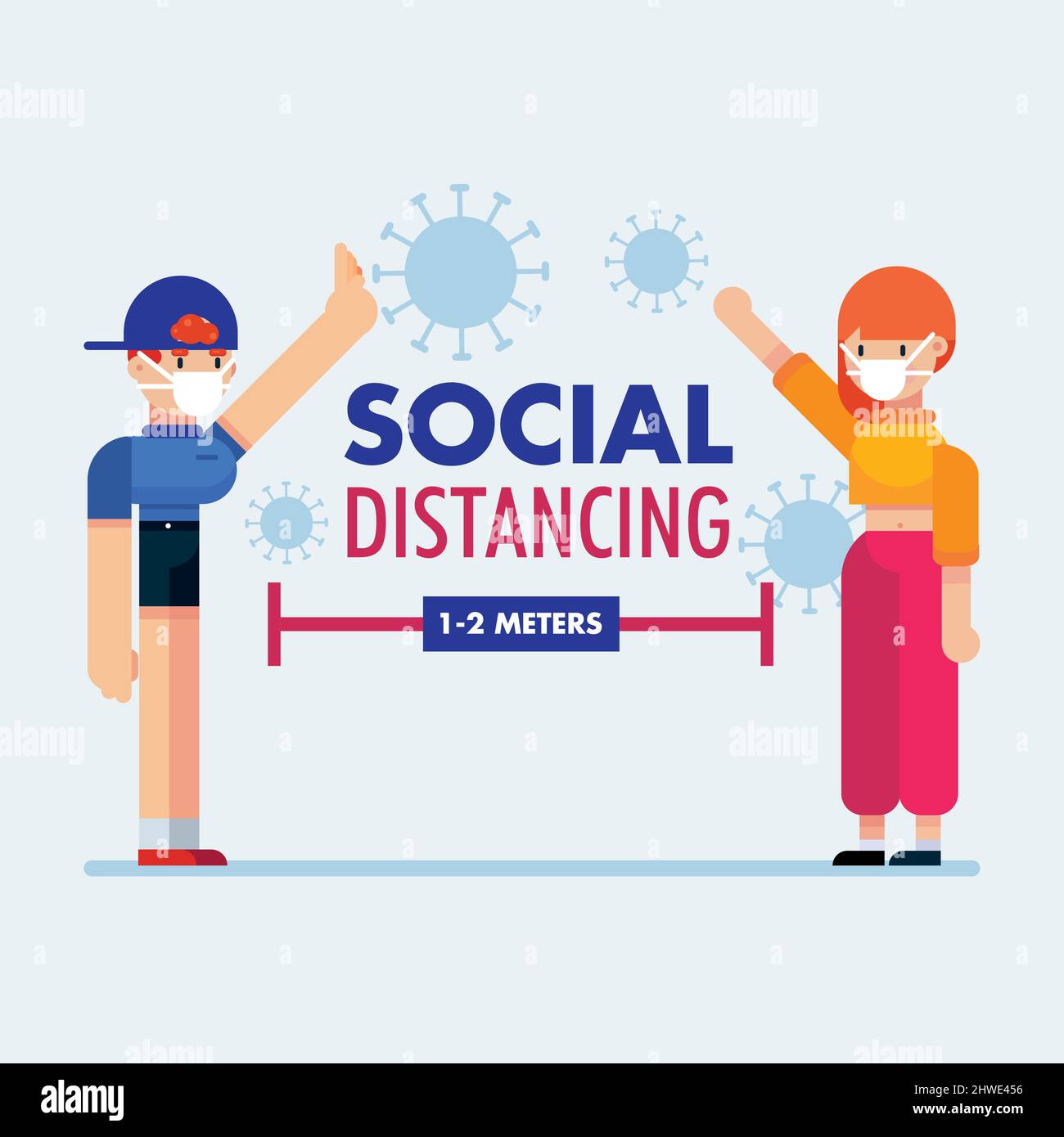 Social Distancing girl and boy with mask waving hand greeting in Covid ...