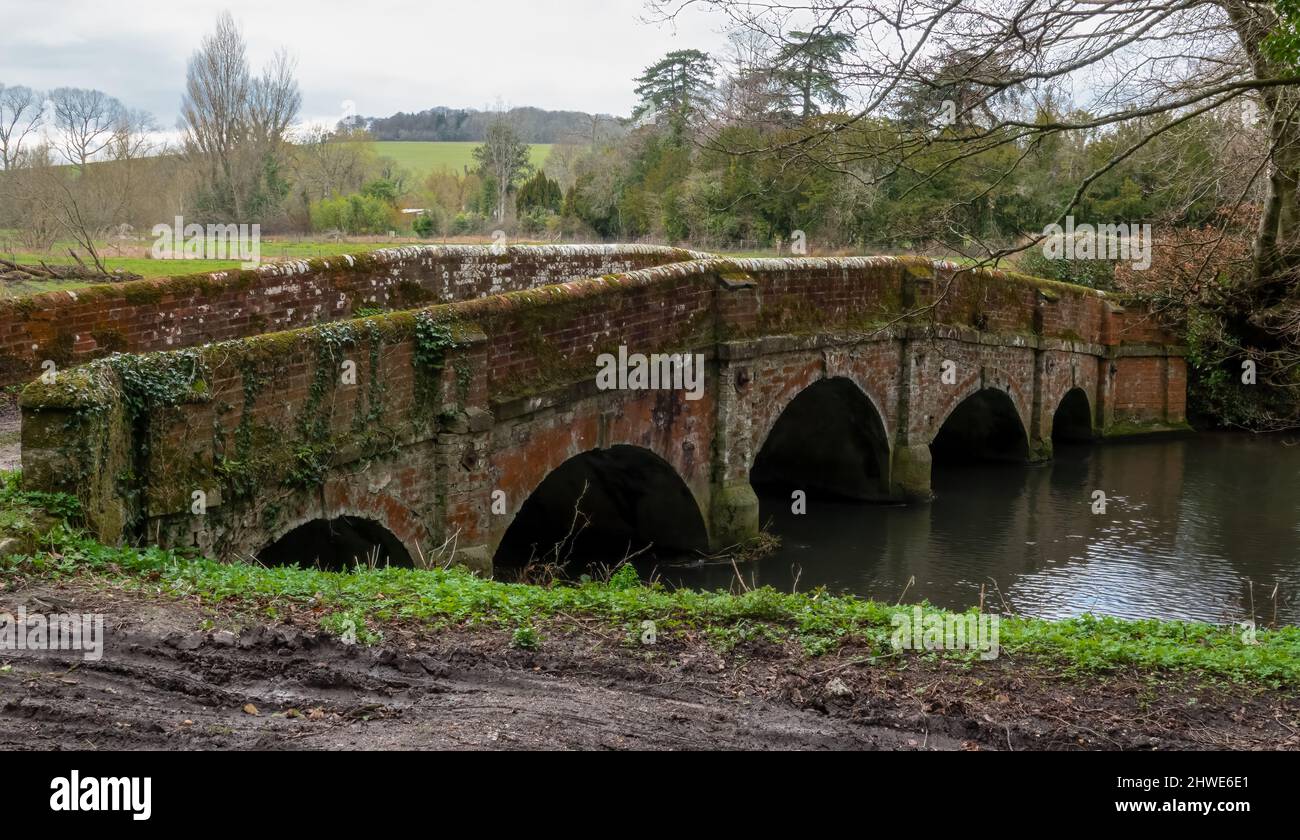 5-arch red brick bridge over River Avon at Salterton, Woodford Valley ...