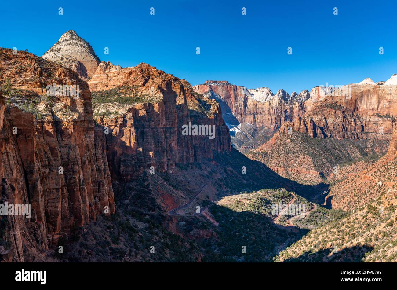 Aerial View of the Zion National Park Valley in Winter with Clear Blue ...