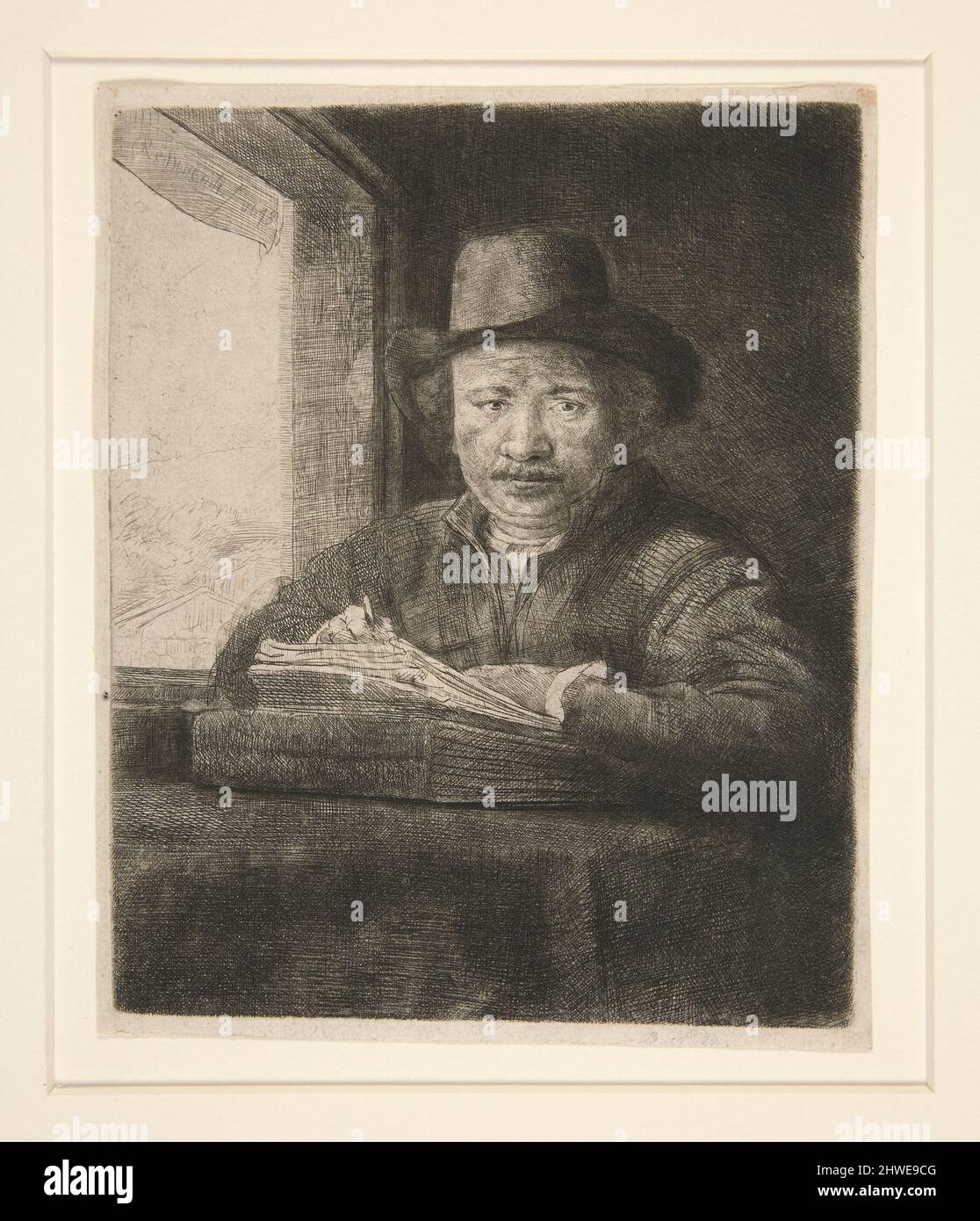 Self-Portrait Drawing at a Window. Artist: Rembrandt (Rembrandt van ...