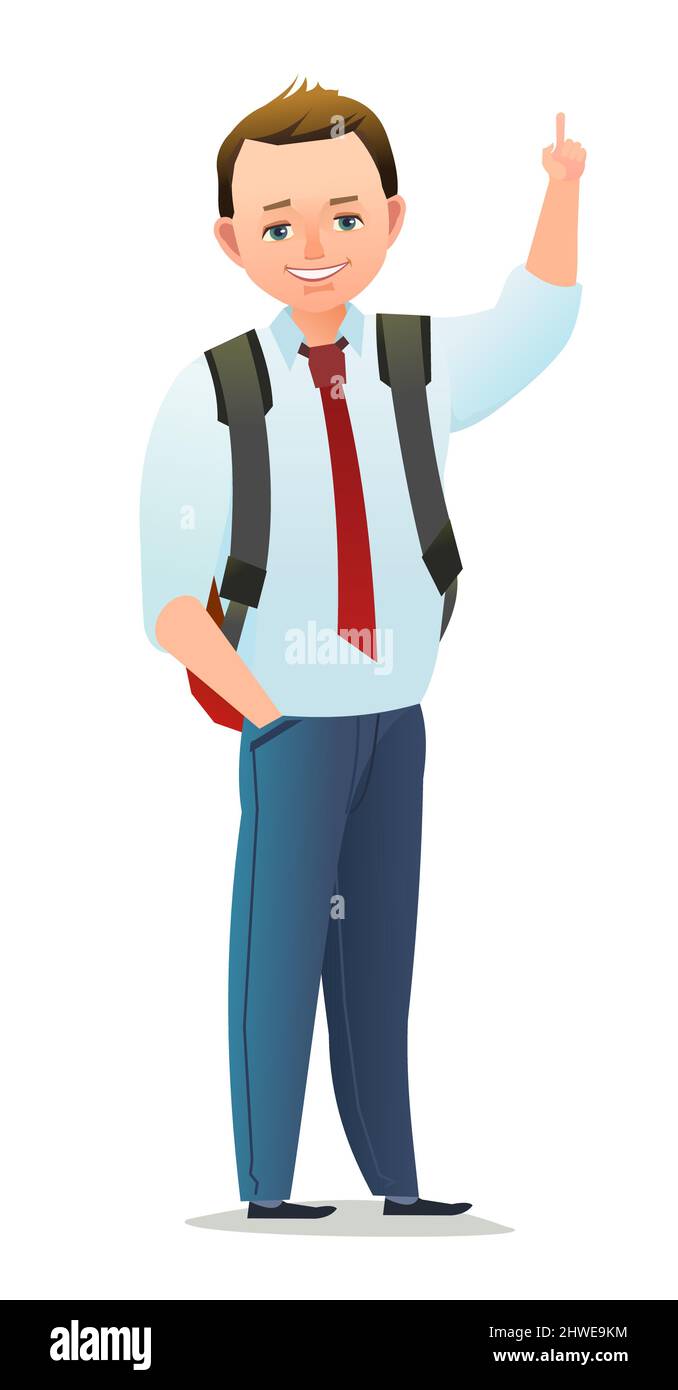Pretty little boy student. Cheerful schoolboy. Standing pose. Cartoon ...