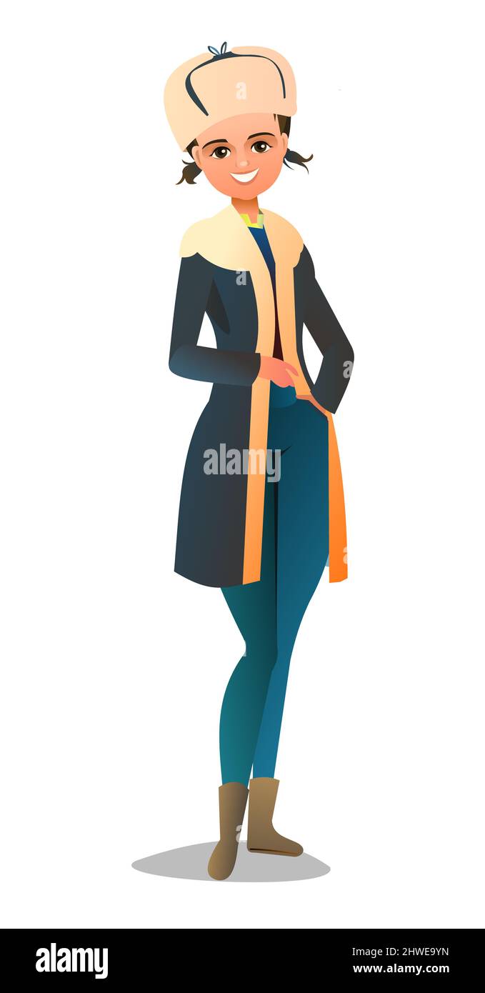 Little girl in winter clothes. Sheepskin coat and warm hat. Teen in ...