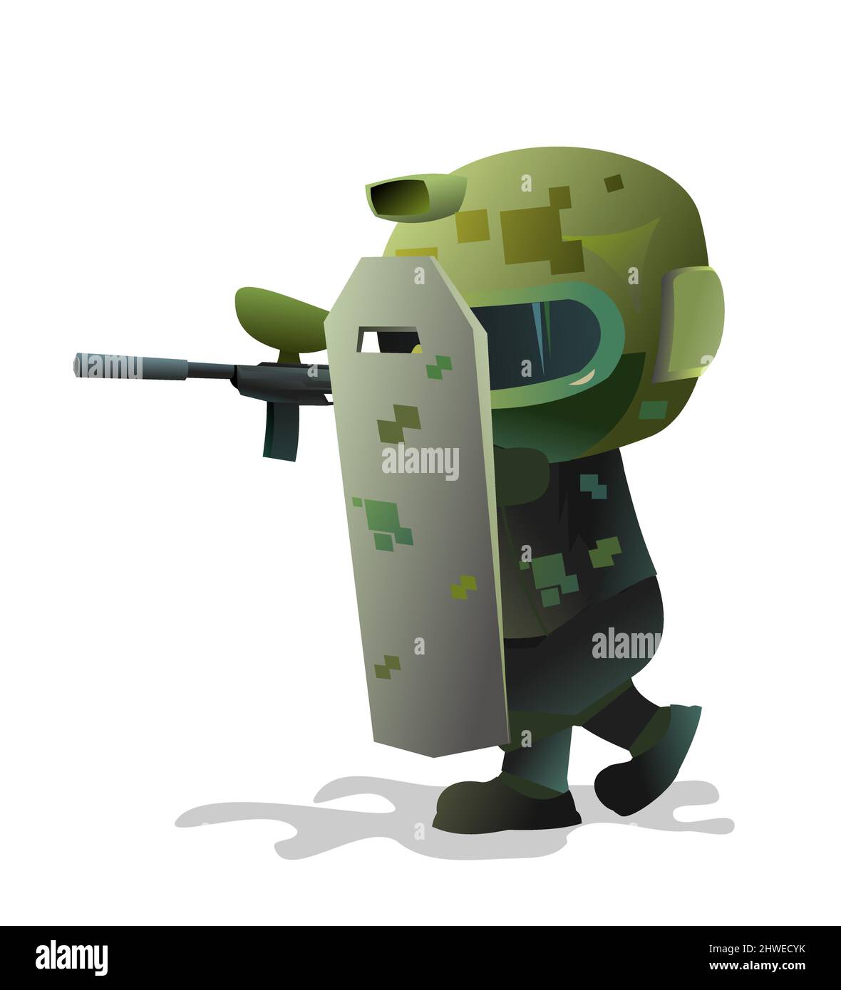 Warrior paintball player attacks and hides behind shield. Comic funny ...