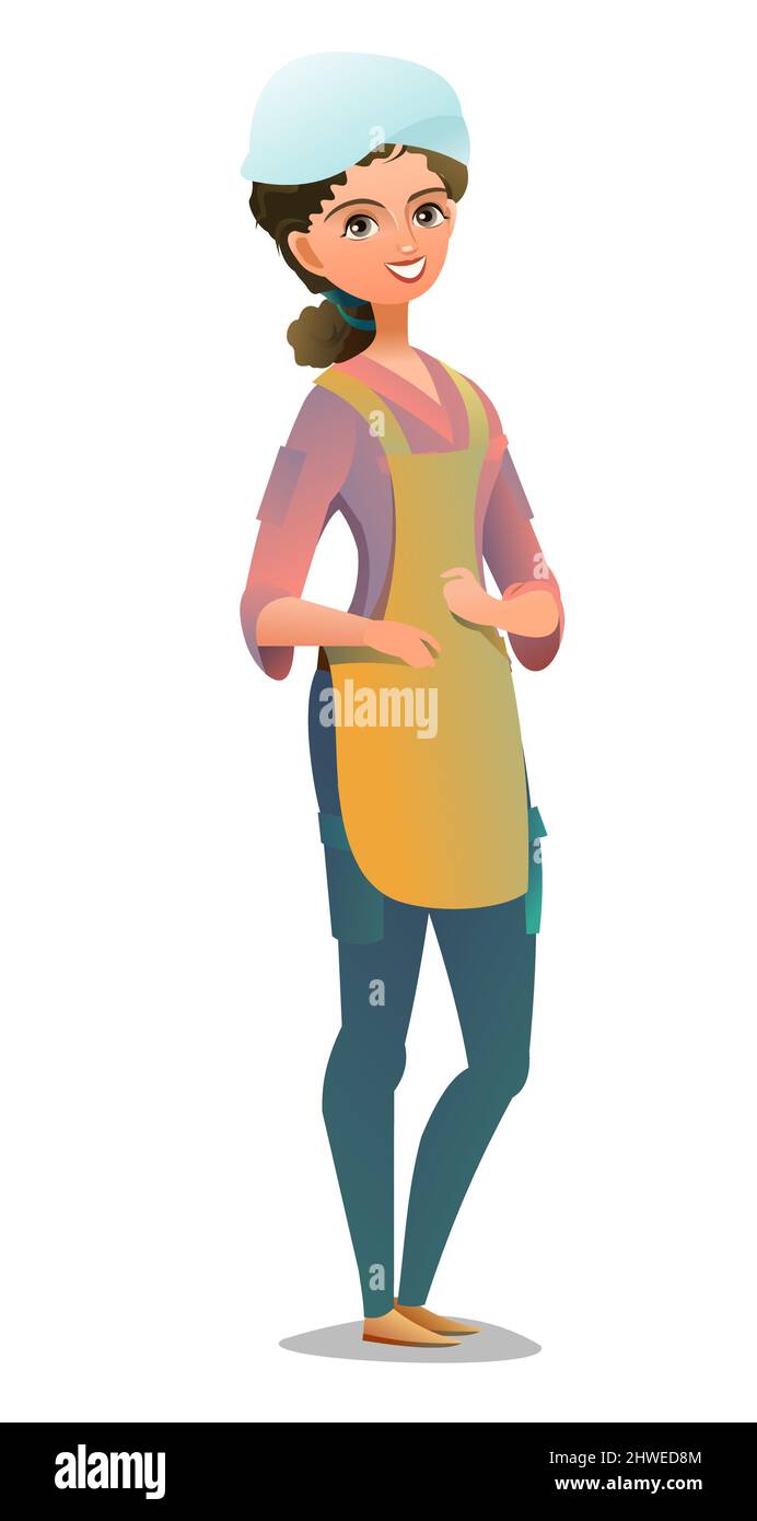 Female cook in overalls. Little Girl from kitchen in an apron. Cheerful ...