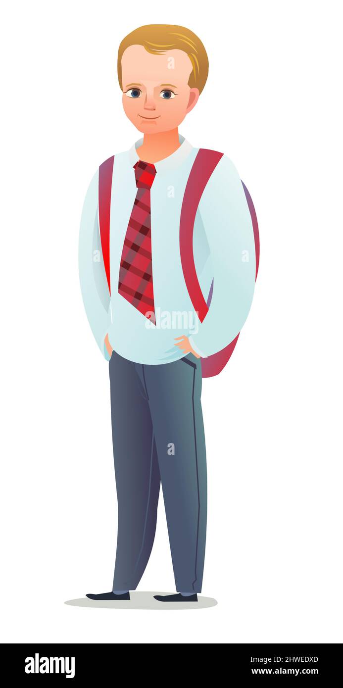 Pretty little boy student. Cheerful schoolboy. Standing pose. Cartoon ...