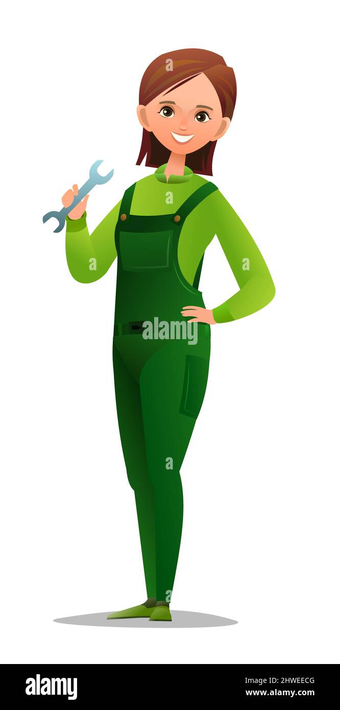 Little girl craftsman. Teen in apron. Master in workwear. Cheerful ...