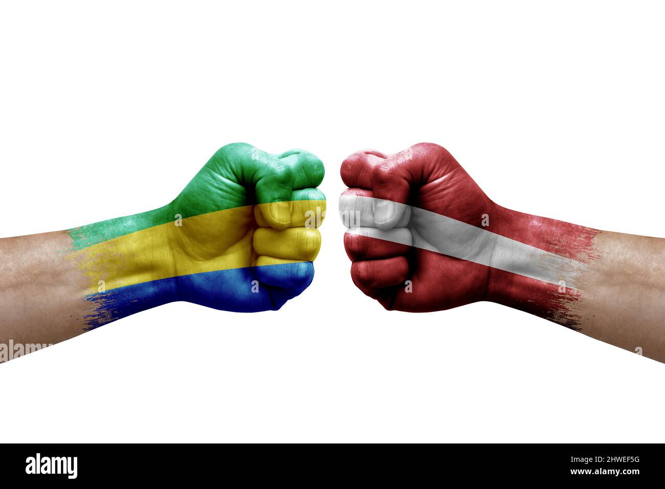 Two hands punch to each others on white background. Country flags ...