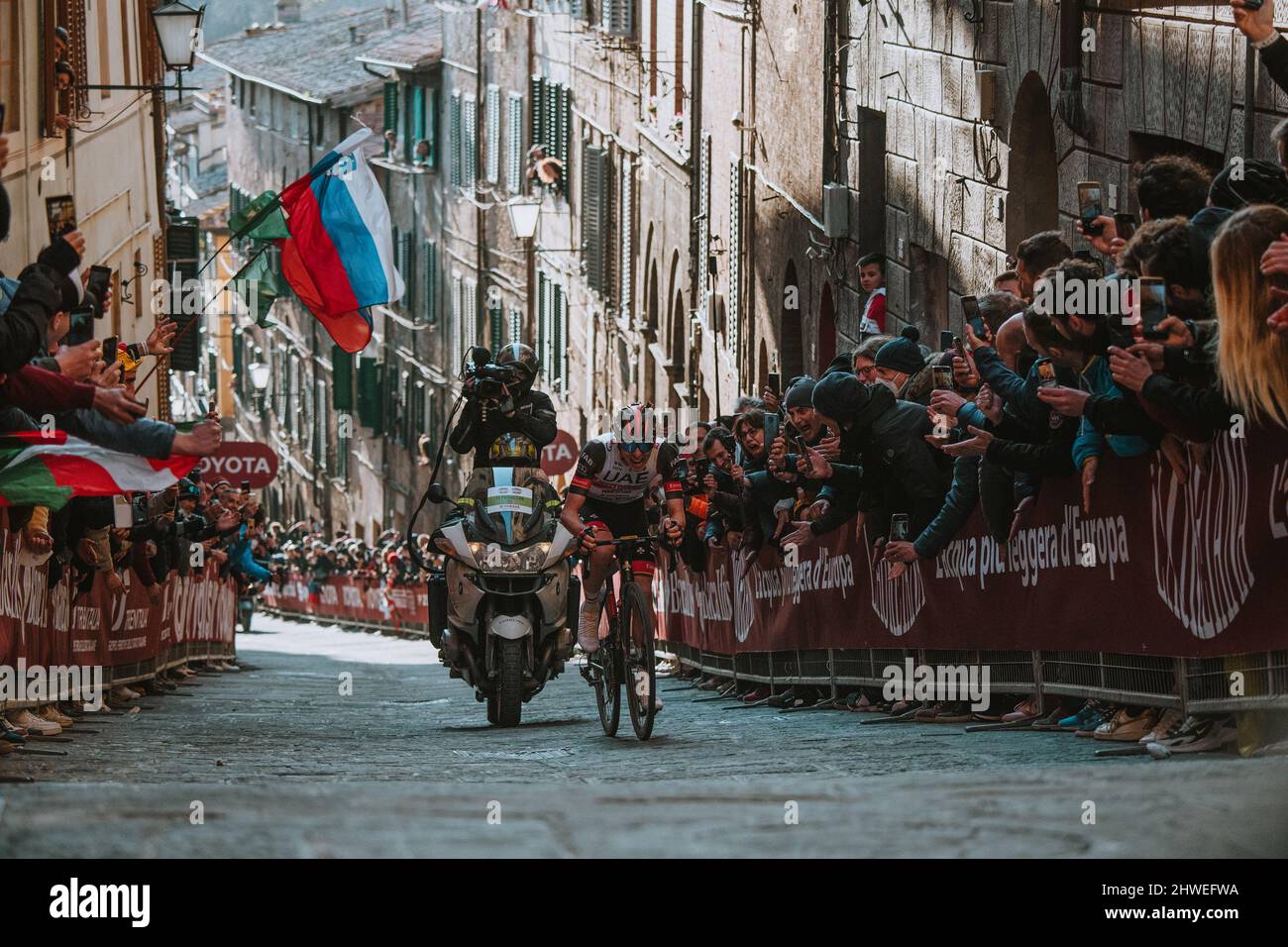 5th March 2022 ; Siena, Italy. Strade Bianche. Tadej Pogačar on the ...