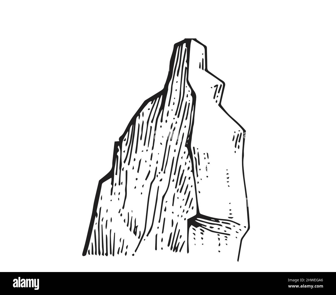 Burst rock. Piece of cliff. In style of contour engraving. Outline ...