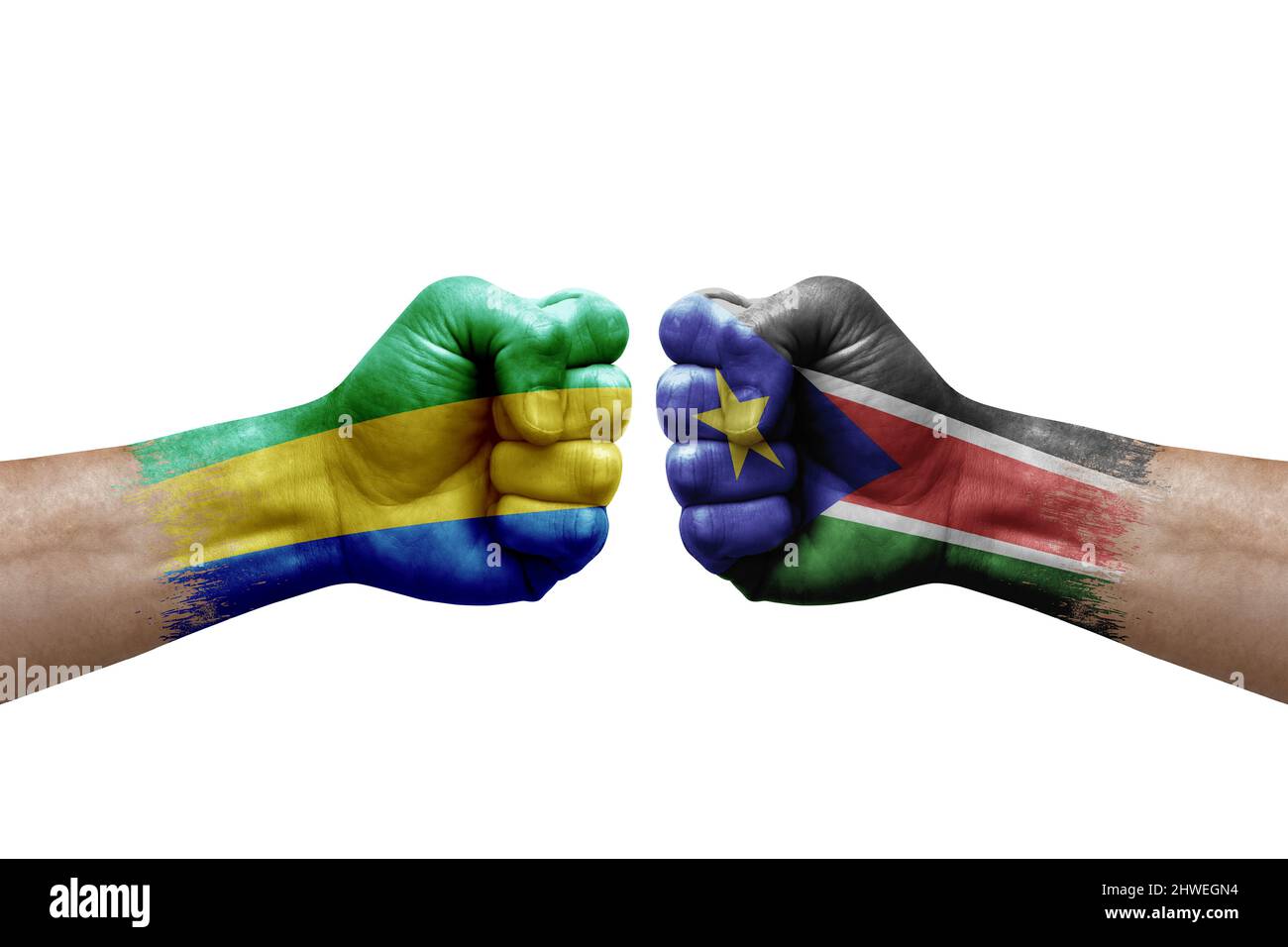 Two hands punch to each others on white background. Country flags ...