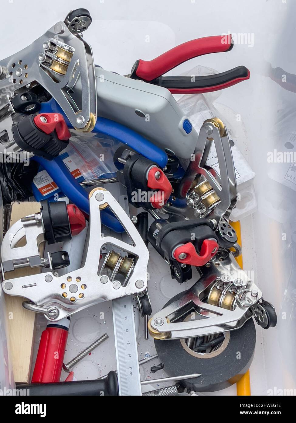 Close-up view of set of ship equipment, ropes for management of the ...