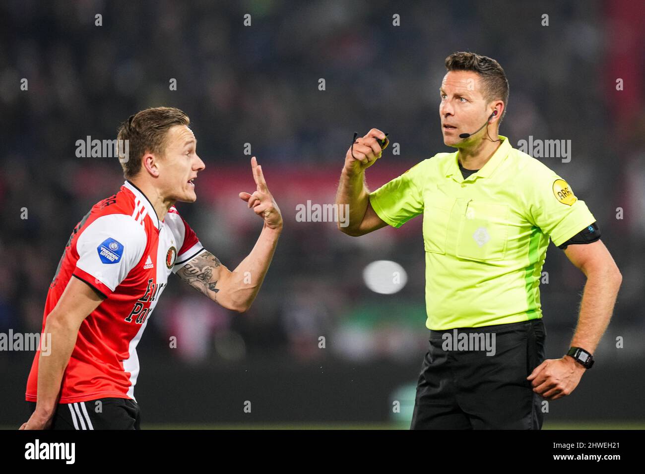 Rotterdam, Netherlands. 05th Mar, 2022. Rotterdam - Jens Toornstra of Feyenoord, Referee Pol van ...