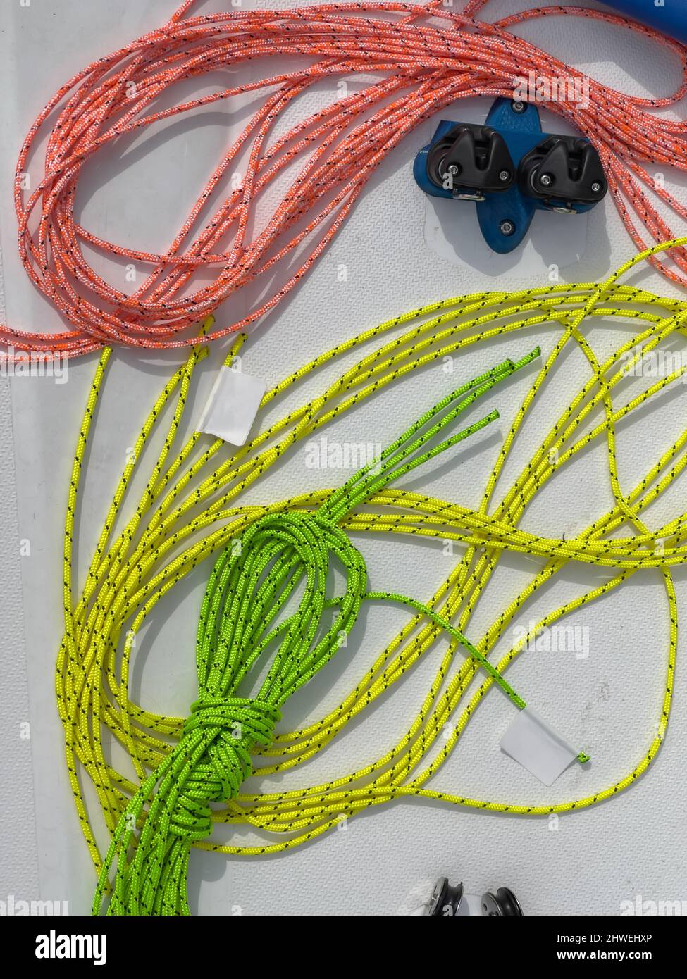 Close-up view of set of ship equipment, ropes for management of the ...